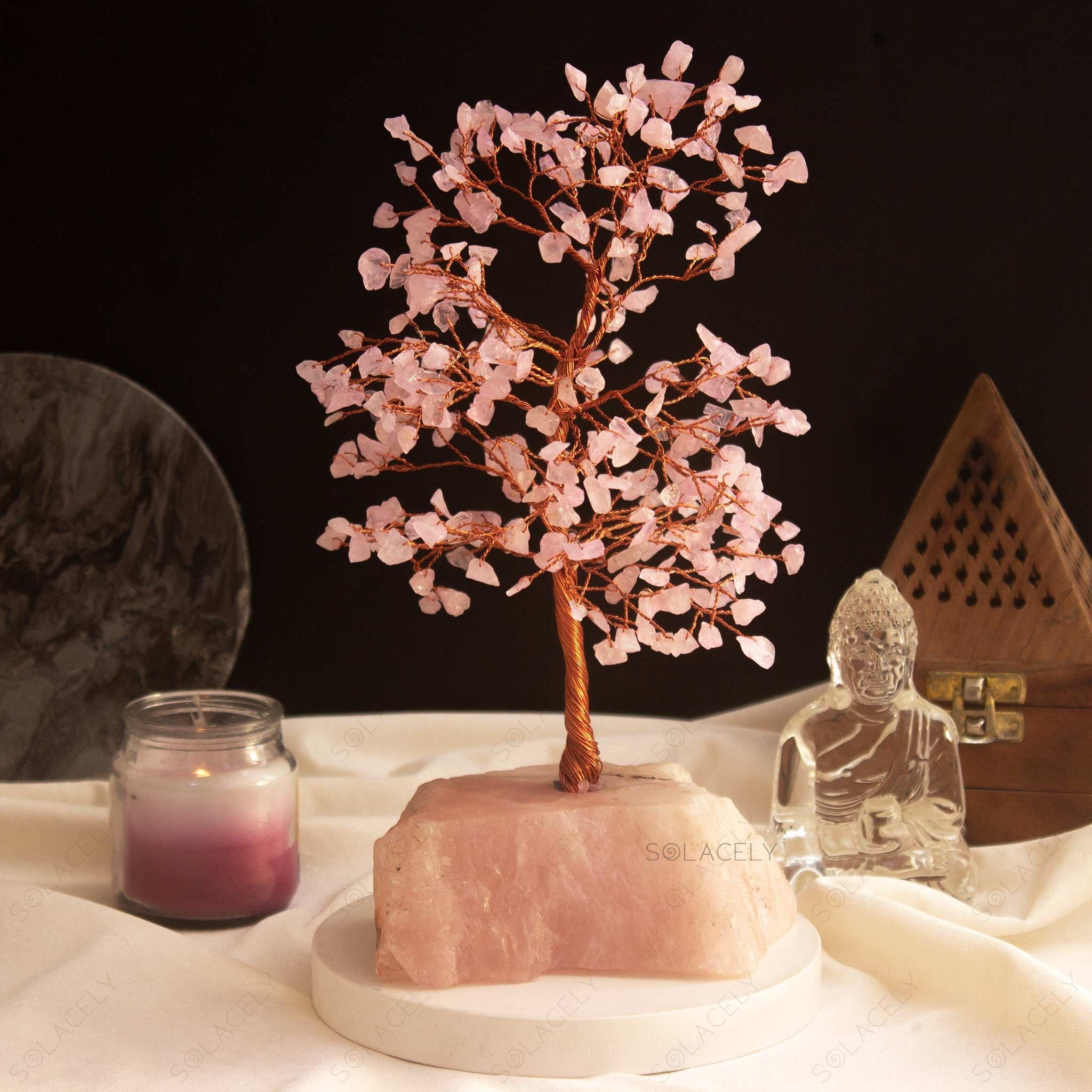 Rose Quartz Crystal Tree Of Life With Rose Quartz Stone Base