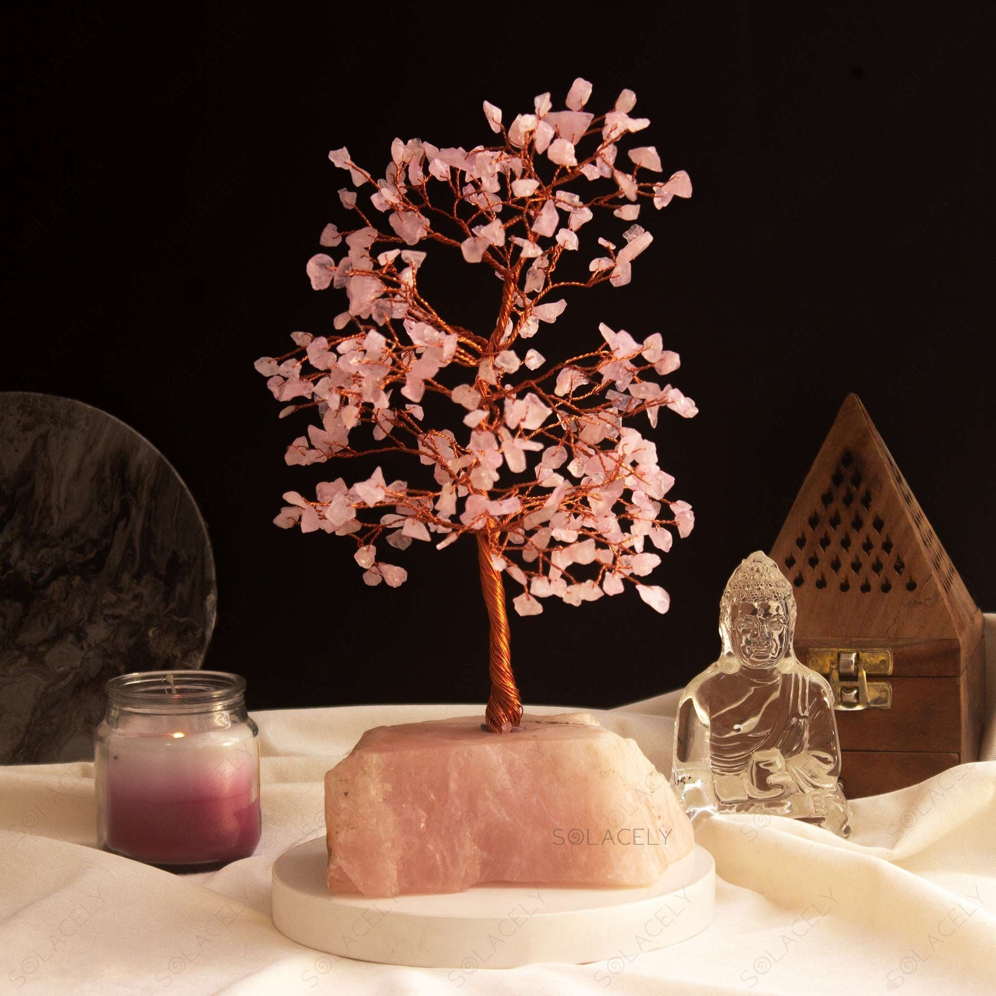 Rose Quartz Crystal Tree Of Life With Rose Quartz Stone Base