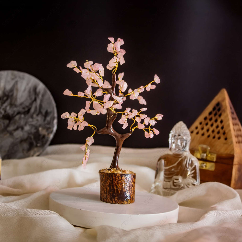 Rose Quartz Crystal Tree with Wooden Base - Solacely